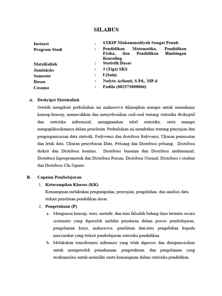 SILABUS Statistik Dasar 2022 - 2023 | PDF