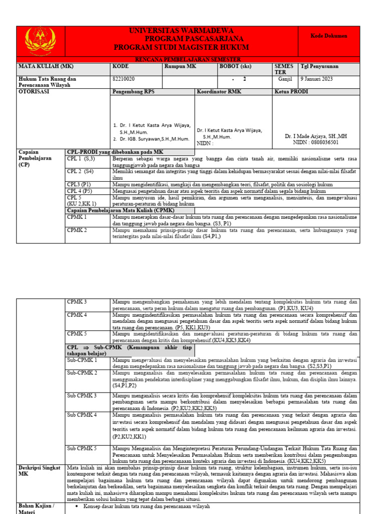 RPS Hukum Tata Ruang Dan Perencanaan Fix - 23 | PDF