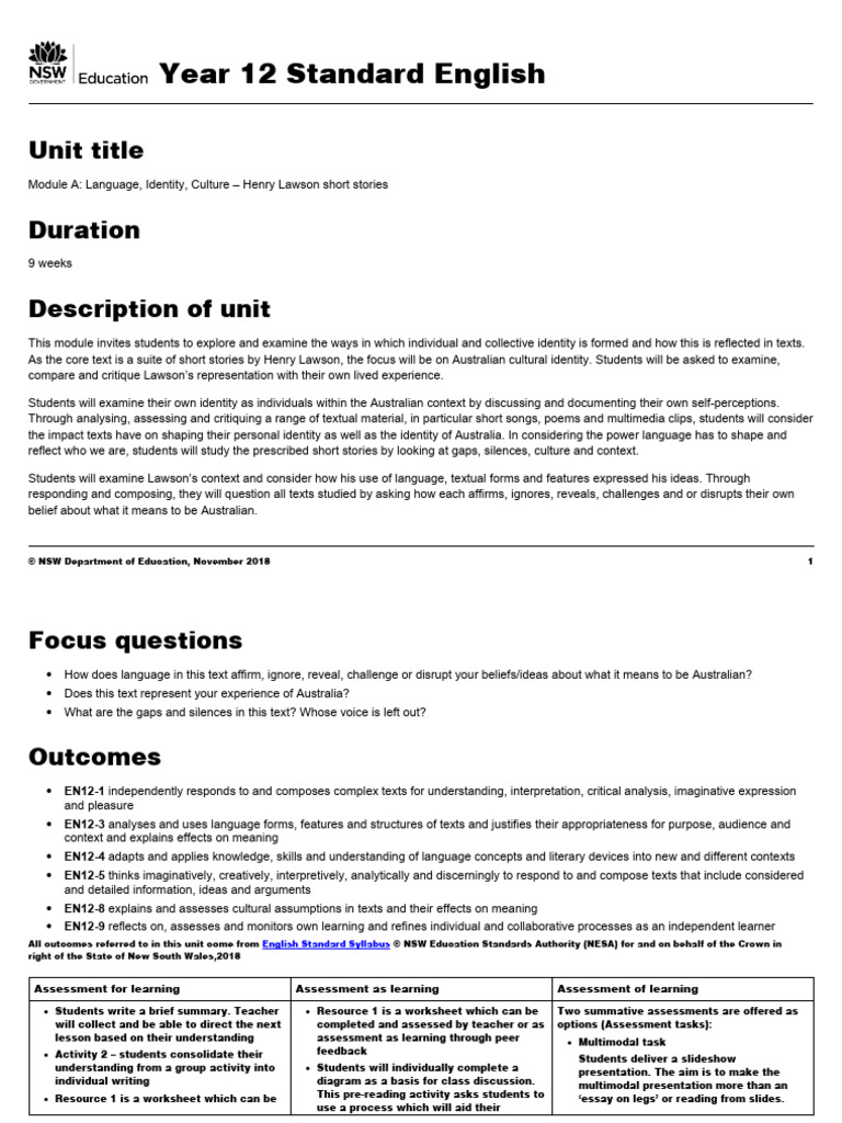 English Standard s6 Henry Lawson Unit Module A | PDF | Educational ...