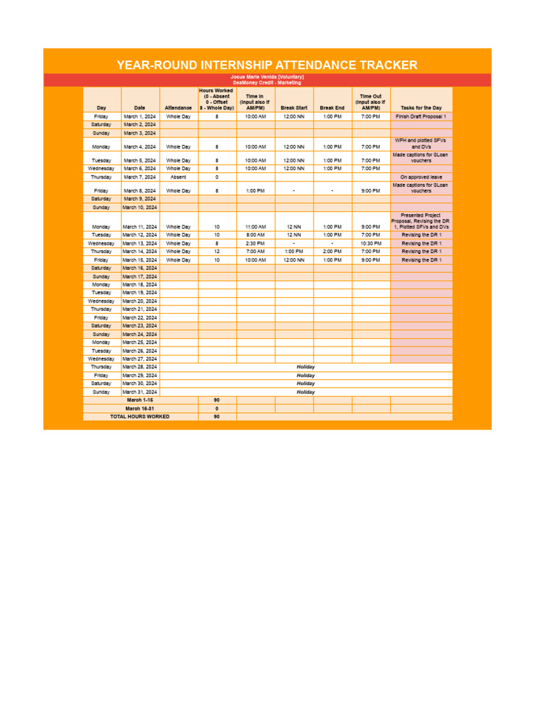 (VENIDA) 2024 Internship Attendance Tracker - March 2024 | PDF