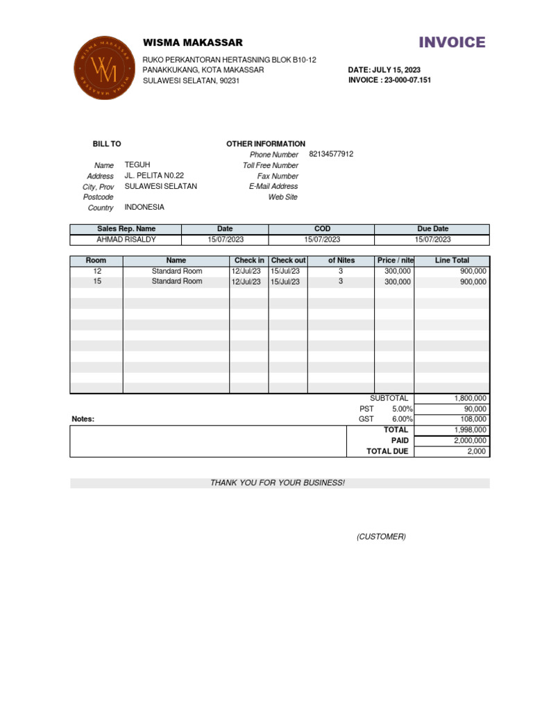 Invoice for Wisma Makassar Stay | PDF