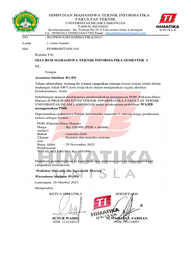Pemberitahuan Penggunaan PDH Mahasiswa TI | PDF