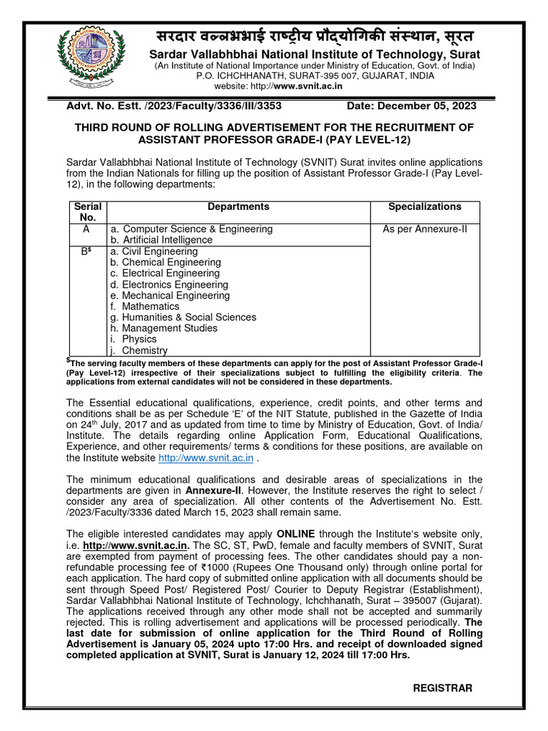 3Rolling Advt_SVNIT_Assistant Professor_Rolling Advt. Final | PDF ...