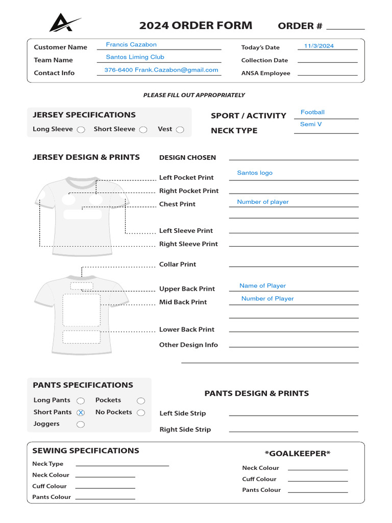 Ansa 2024 Order Form - Santos 2 | PDF | Clothing