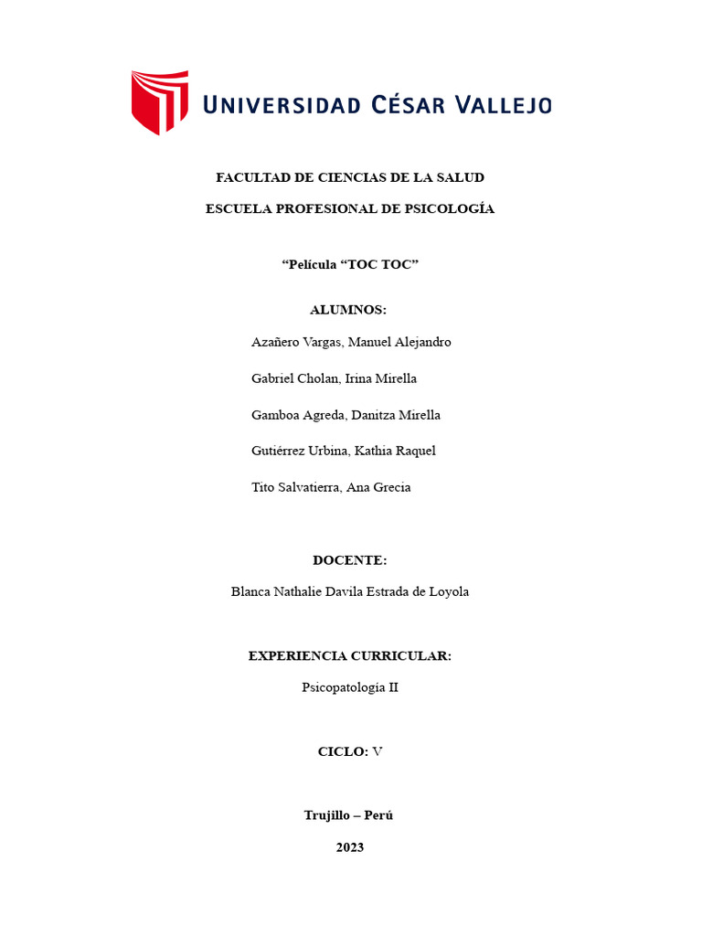 Película Toc Toc - Psicopatología Ii Teoría | PDF | Desorden obsesivo compulsivo | Manual ...