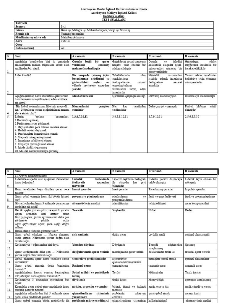 Yumşaq Bacarıqlar - Imtahan | PDF