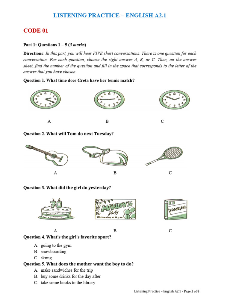 A2 English Listening Practice Test | PDF