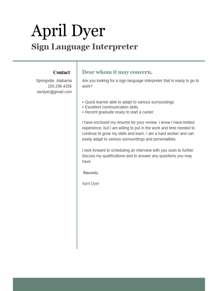 Sign Language Interpreter Cover Letter | PDF