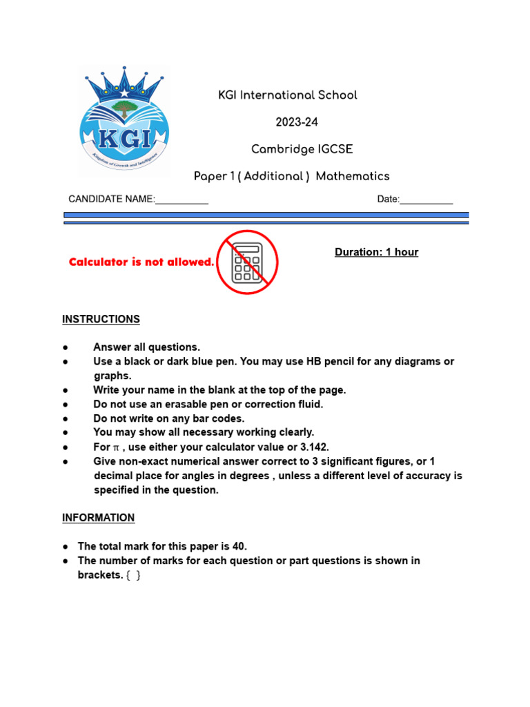 Igcse Additional Maths Paper I Pdf Mathematical Objects Mathematics 3857