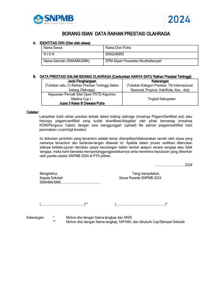 Borang Isian Data Raihan Prestasi Olahraga | PDF