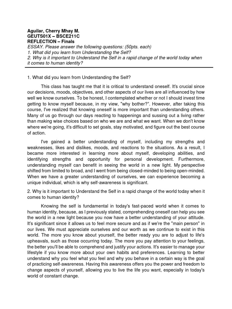 Understanding The Self REFLECTION - Finals - Aguilar | PDF | Identity ...