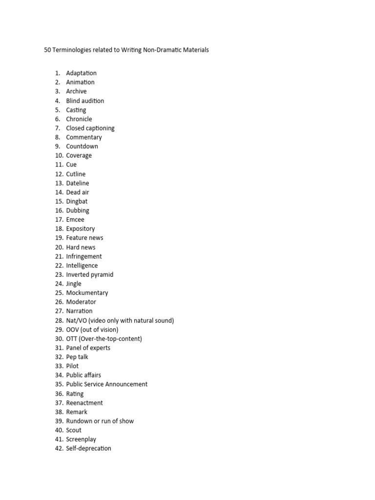 50 Terminologies Related To Writing Non-Dramatic Material (AutoRecovered) | PDF
