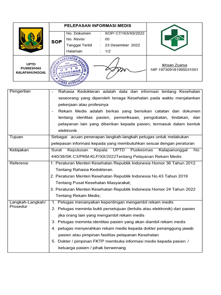 SOP Pelepasan Informasi Medis | PDF