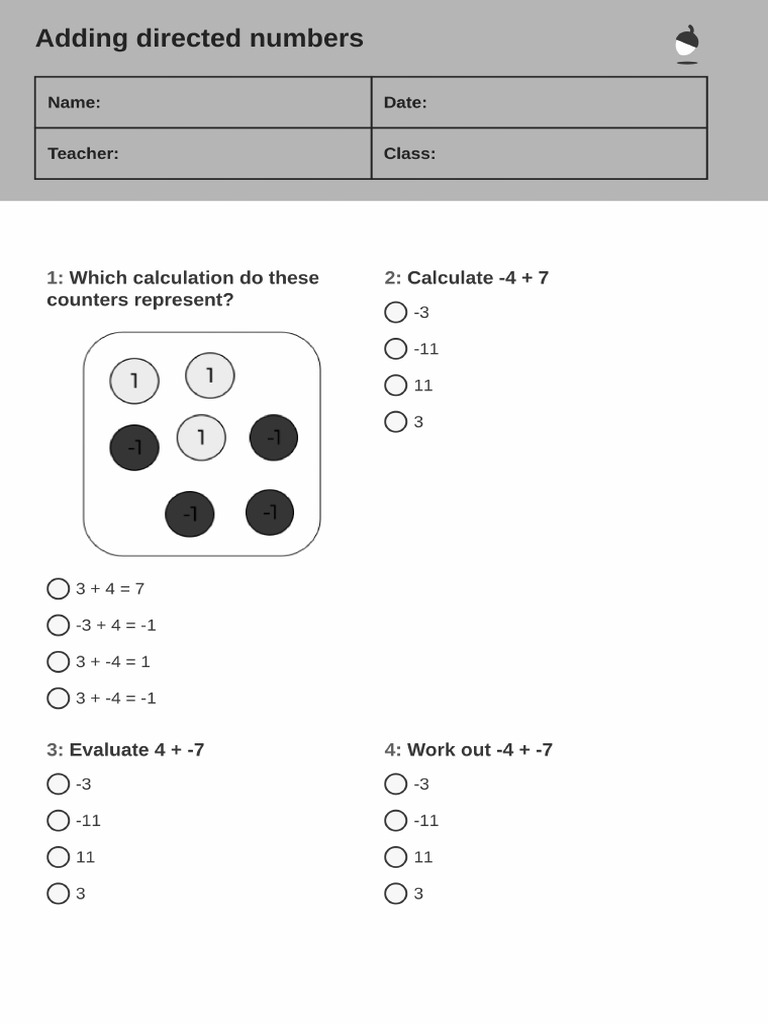Adding Directed Numbers chjk4t Exit Quiz Questions | PDF