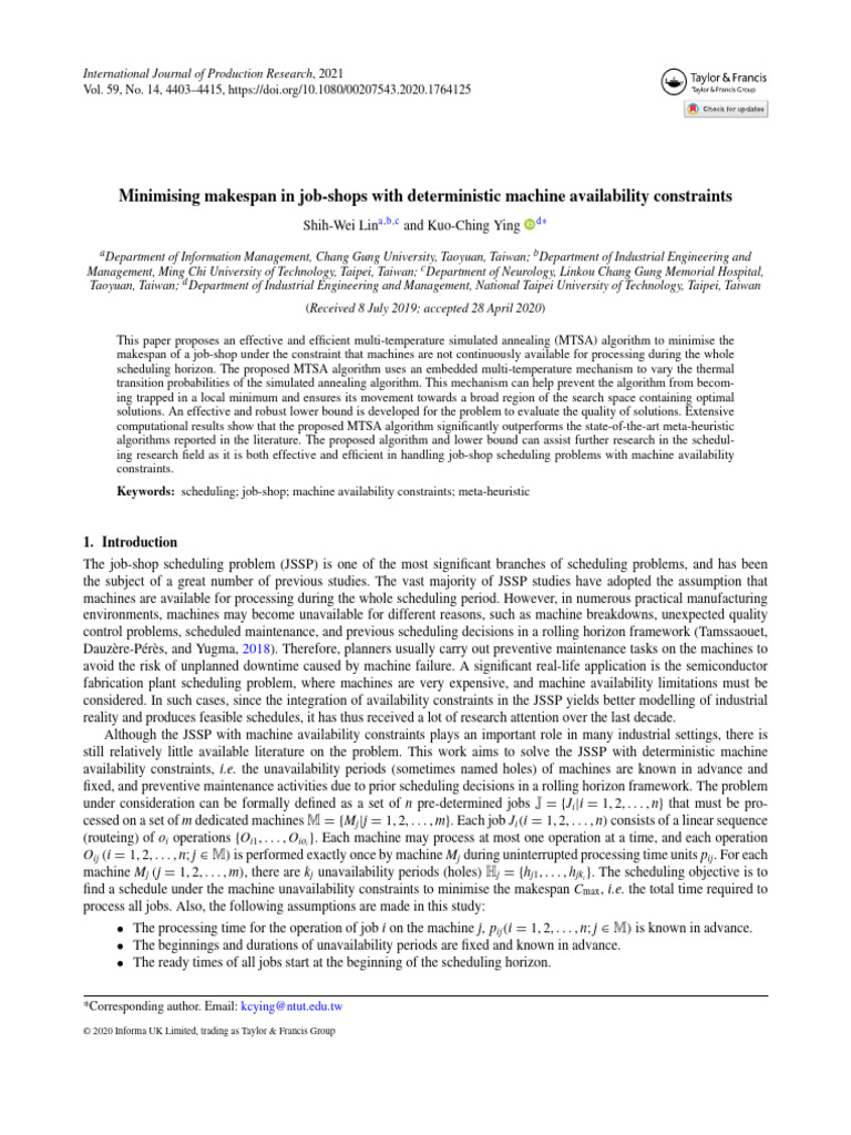 Minimising Makespan In Job Shops With Deterministic Machine Availability Constraints Pdf