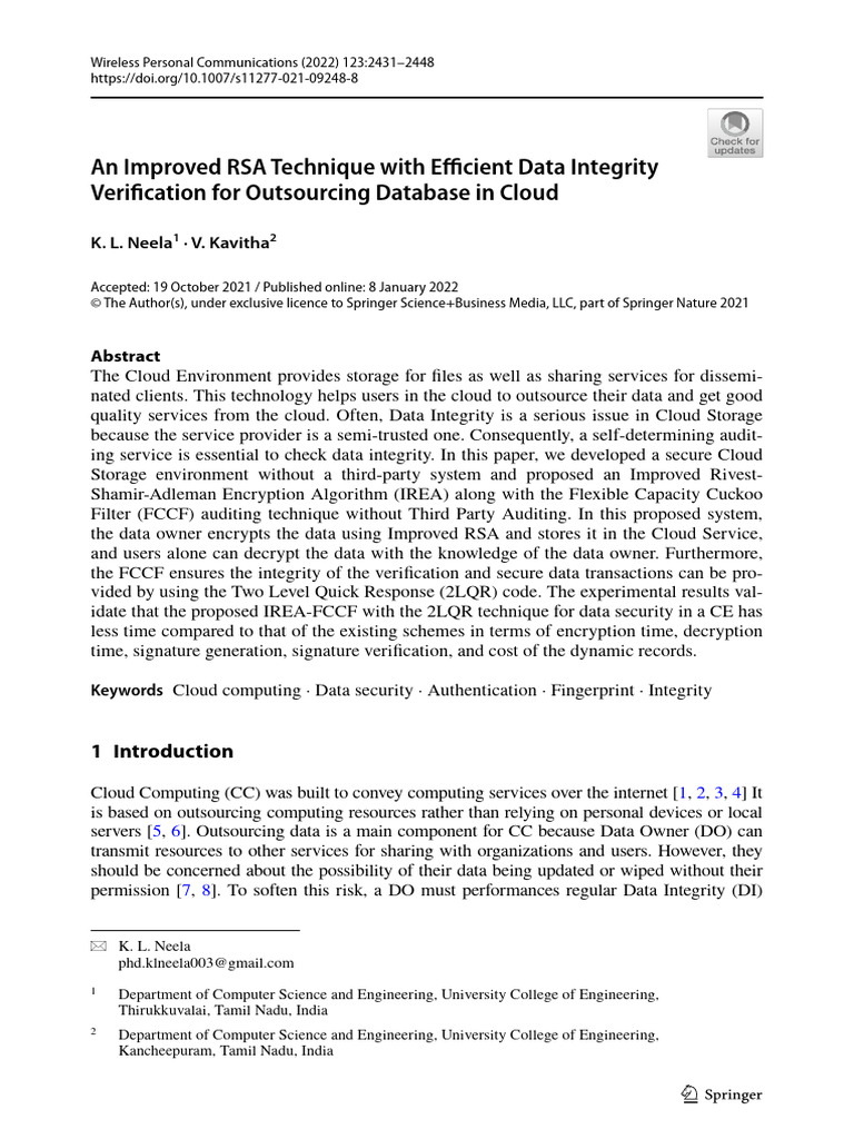 Improved RSA Technique With Efficient Data Integrity Verification For ... Improved RSA Technique With Efficient Data Integrity Verification For ...
