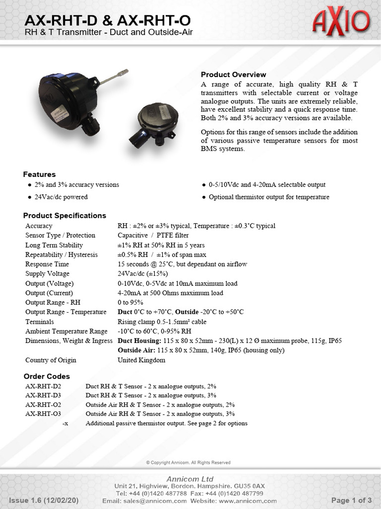 AX-RHT-Dx,Ox | PDF | Duct (Flow) | Electrical Impedance