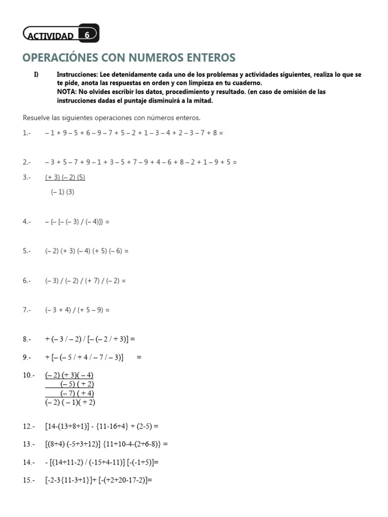 Actividad 6. Operaciones Con Numeros Enteros | PDF