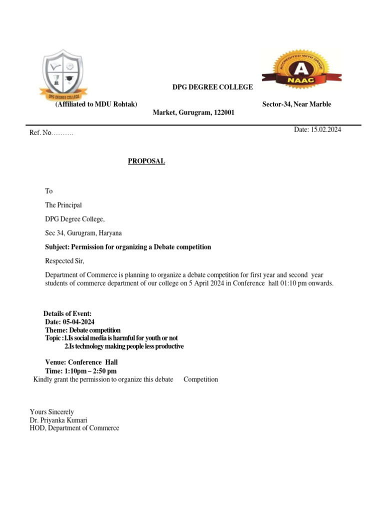 Debate Competition Proposal at DPG College | PDF