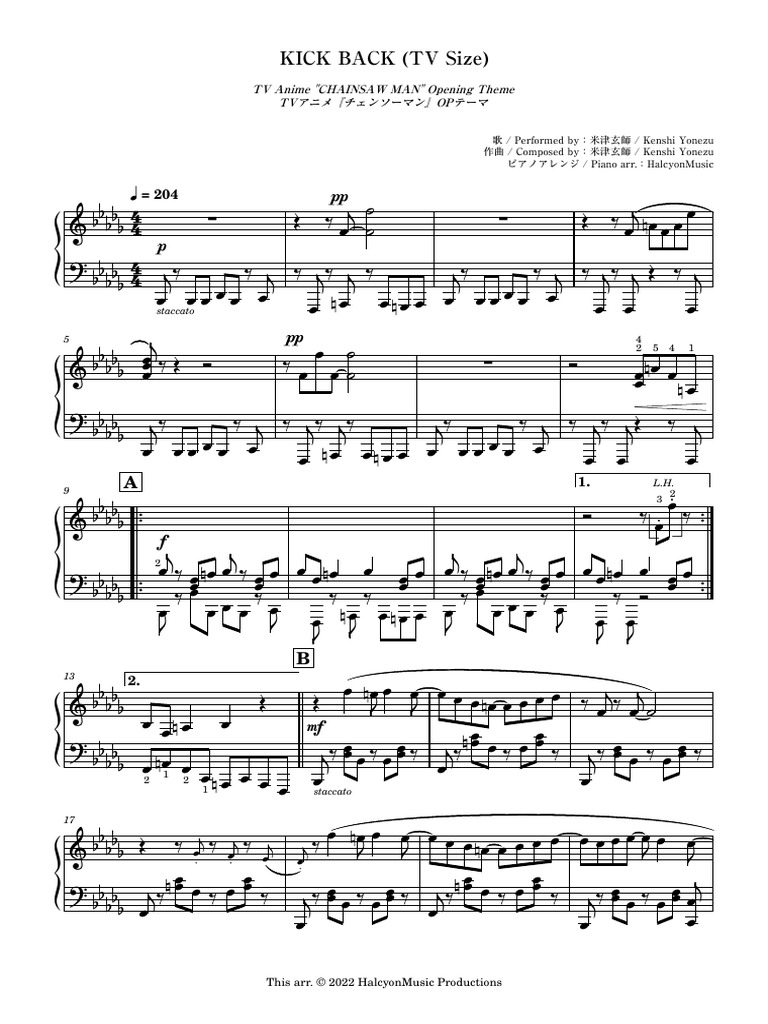 (HalcyonMusic) Kenshi Yonezu - KICK BACK (TV Size) | PDF
