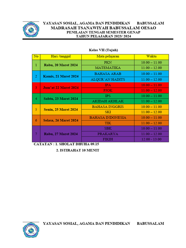 Jadwal PTS Kelas VII-IX 2024 | PDF