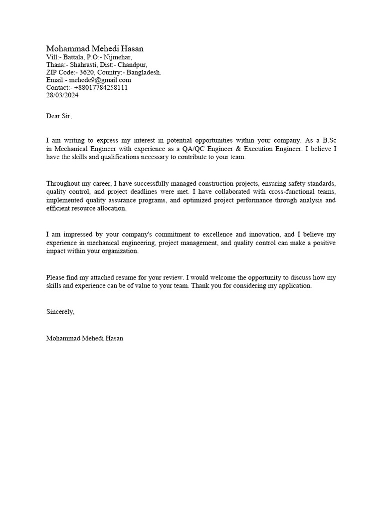 Mechanical Engineer Job Application | PDF