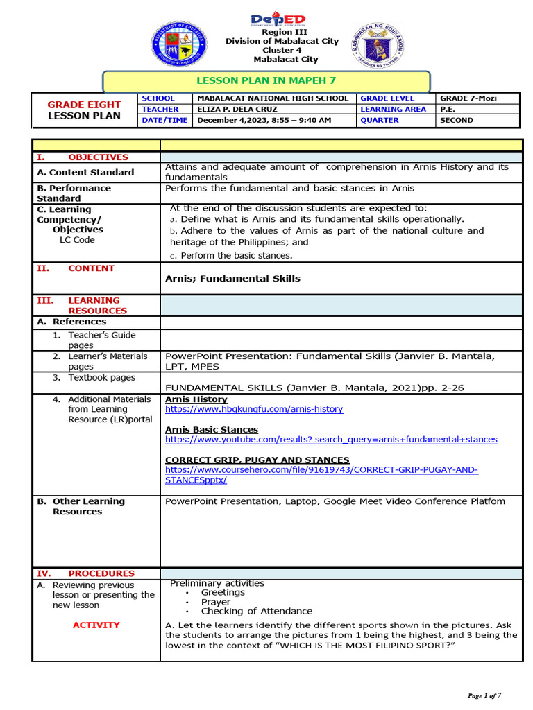 Arnis Lesson Plan for Grade 7 P.E. | PDF | Learning | Behavior Modification