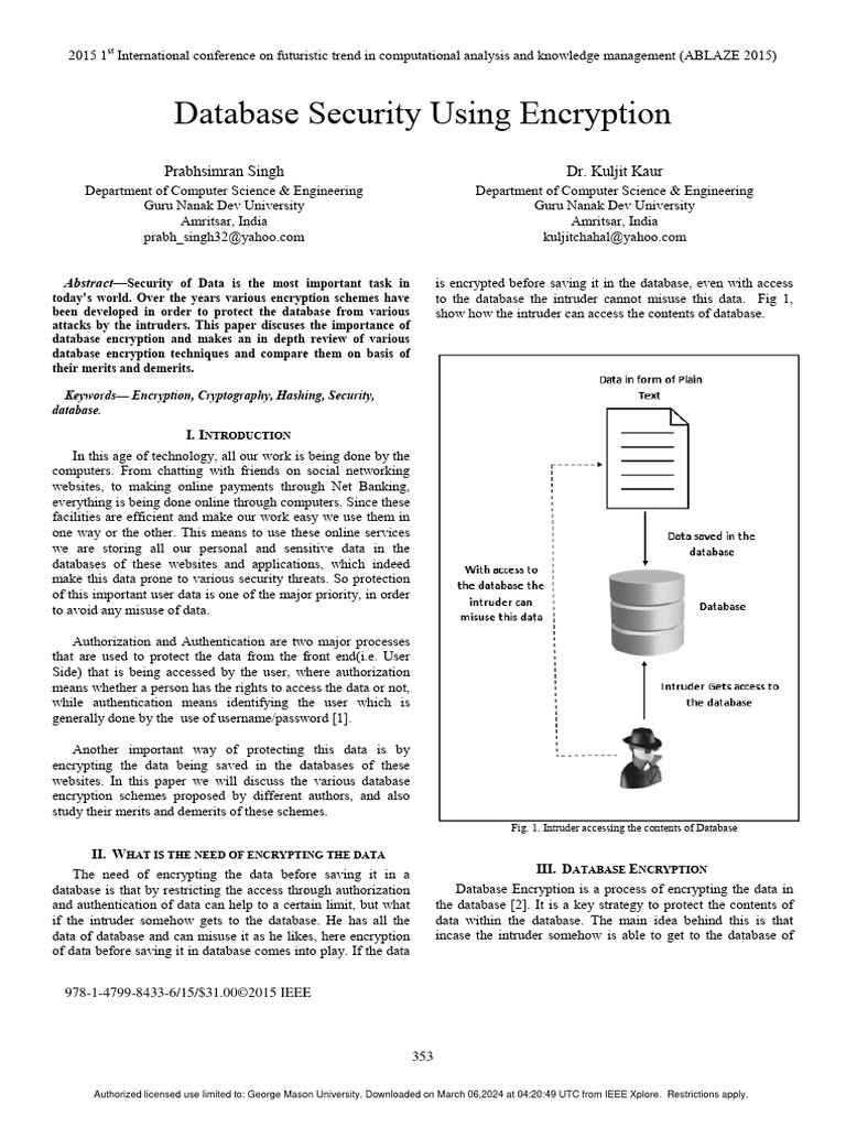 Database Security Using Encryption | PDF | Cryptography | Encryption Database Security Using Encryption | PDF | Cryptography | Encryption