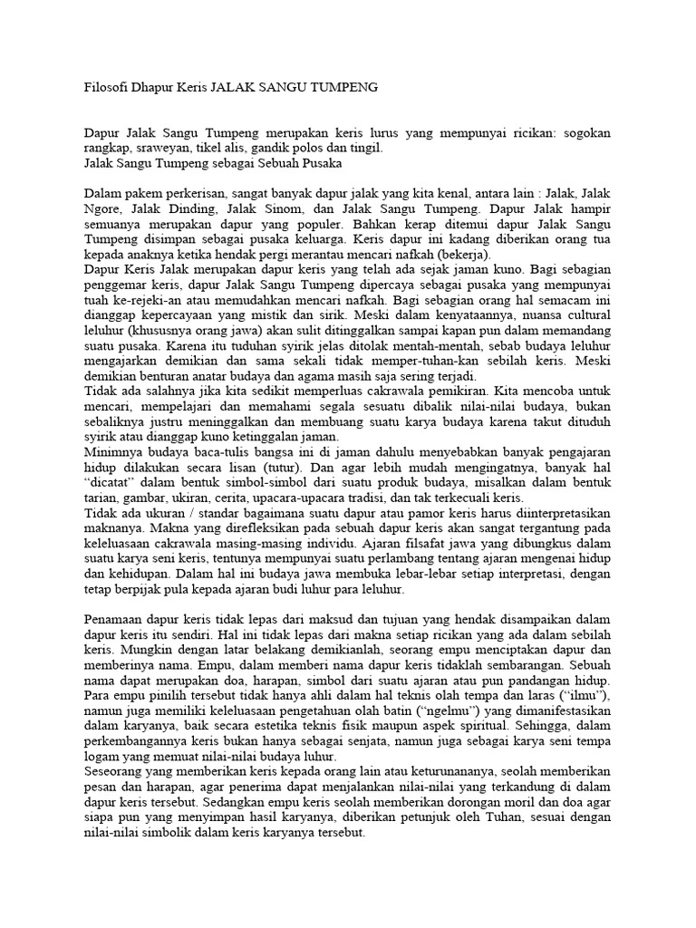 Filosofi Dhapur Keris JALAK SANGU TUMPENG | PDF