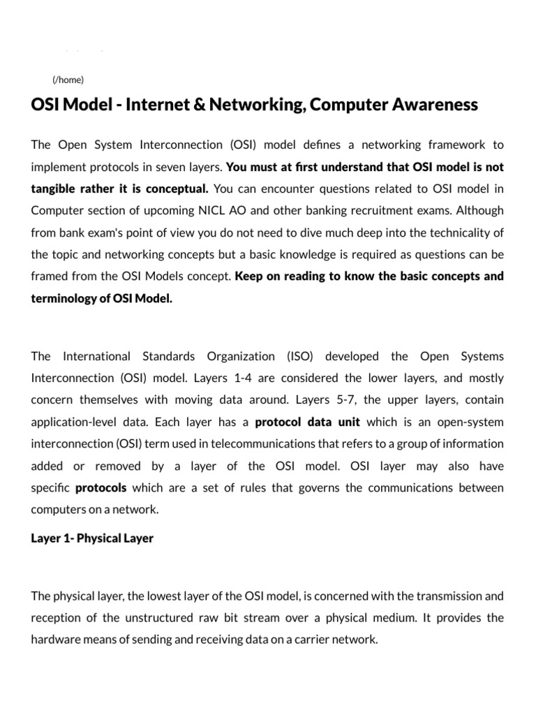 OSI Model - Internet and Networking, Computer Awareness - General Awareness and Knowledge - Bank ...