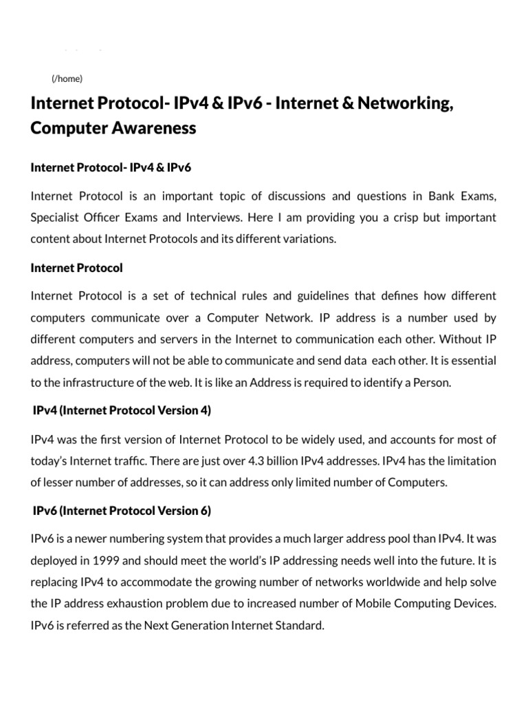 Internet Protocol - IPv4 and IPv6 - Internet and Networking, Computer Awareness - General ...