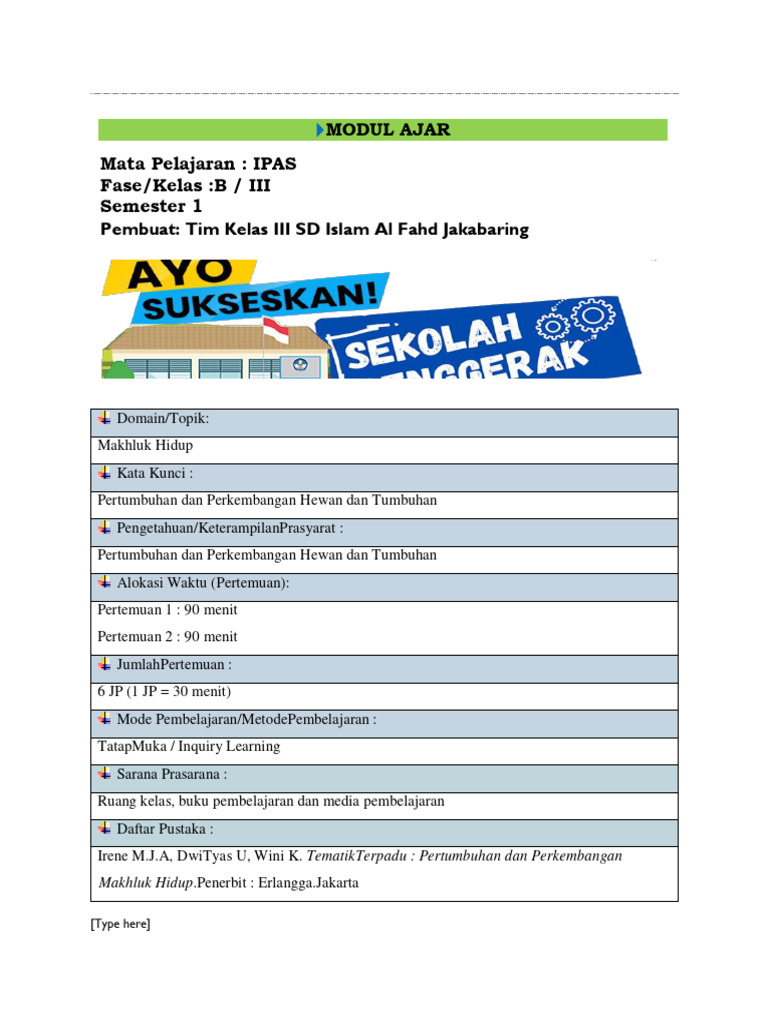 Modul Ajar Mata Pelajaran: IPAS Fase/Kelas:B / III Semester 1 Pembuat ...