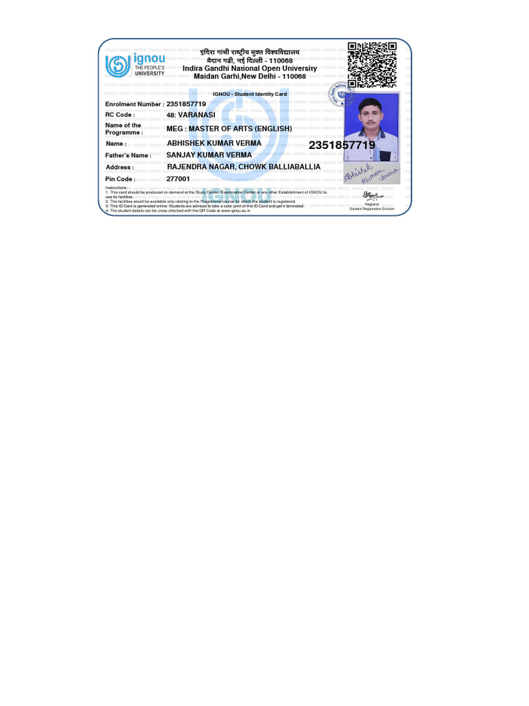 IGNOU Student ID Card Instructions | PDF