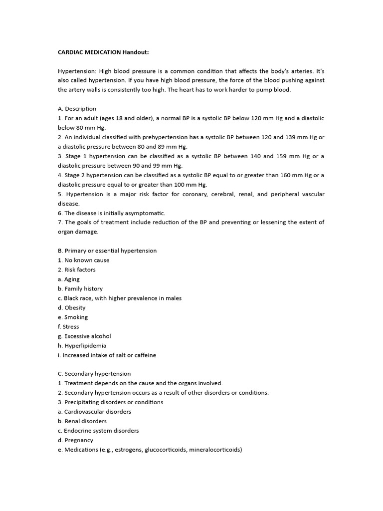 Cardiac Medication Lecture | PDF | Hypertension | Blood Pressure