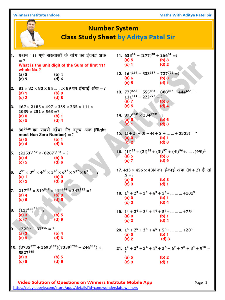 Number System Class Study Sheet | PDF | Division (Mathematics) | Arithmetic