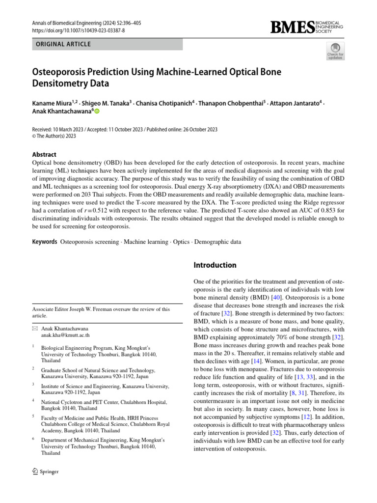 3.Osteoporosis Prediction Using Machine-Learned Optical Bone Densitometry Data | PDF | Cross ...