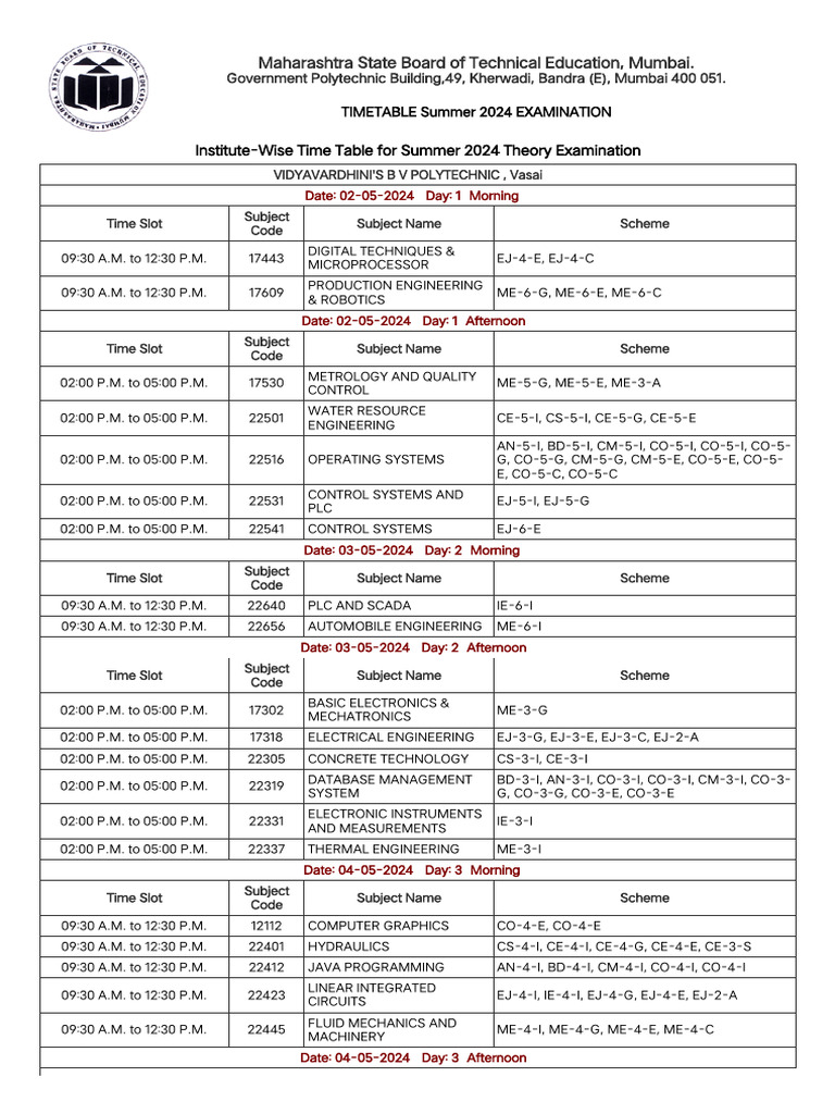 0093 Final Time Table for Summer 2024 Theory Examination | PDF | Engineering | Computing