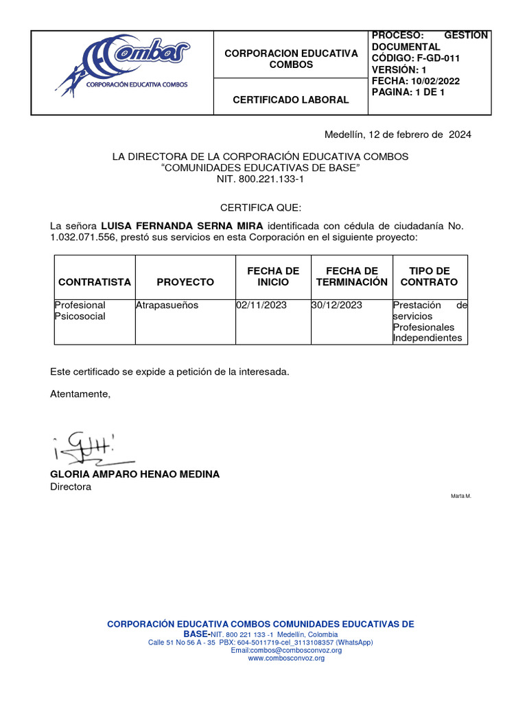 Certificado Laboral Luisa Serna 2024 | PDF