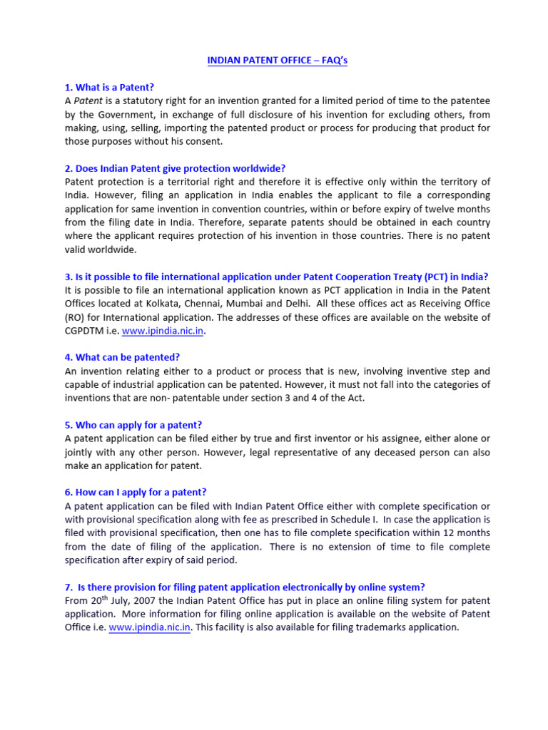 Indian Patent Office FAQs Explained | PDF | Patent Application | Patent
