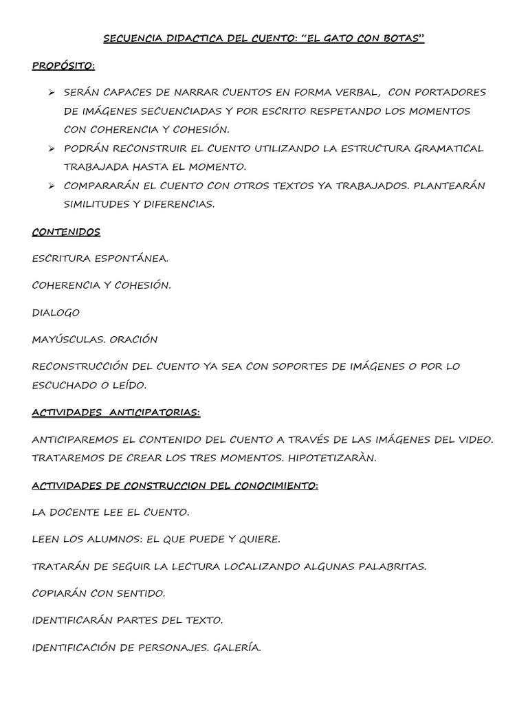 Secuencia Didactica Del Gato Con Botas - Lengua | PDF | Cuentos Secuencia Didactica Del Gato Con Botas - Lengua | PDF | Cuentos