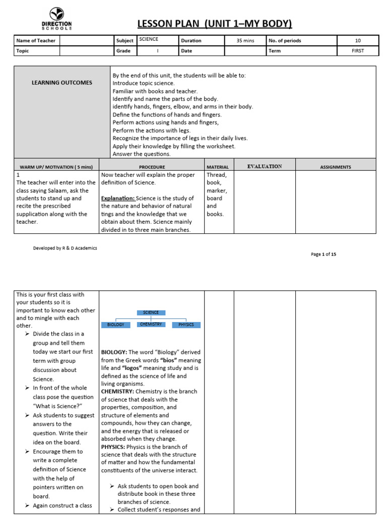 Grade 1 My Body Lesson Plan | PDF | Science | Lesson Plan