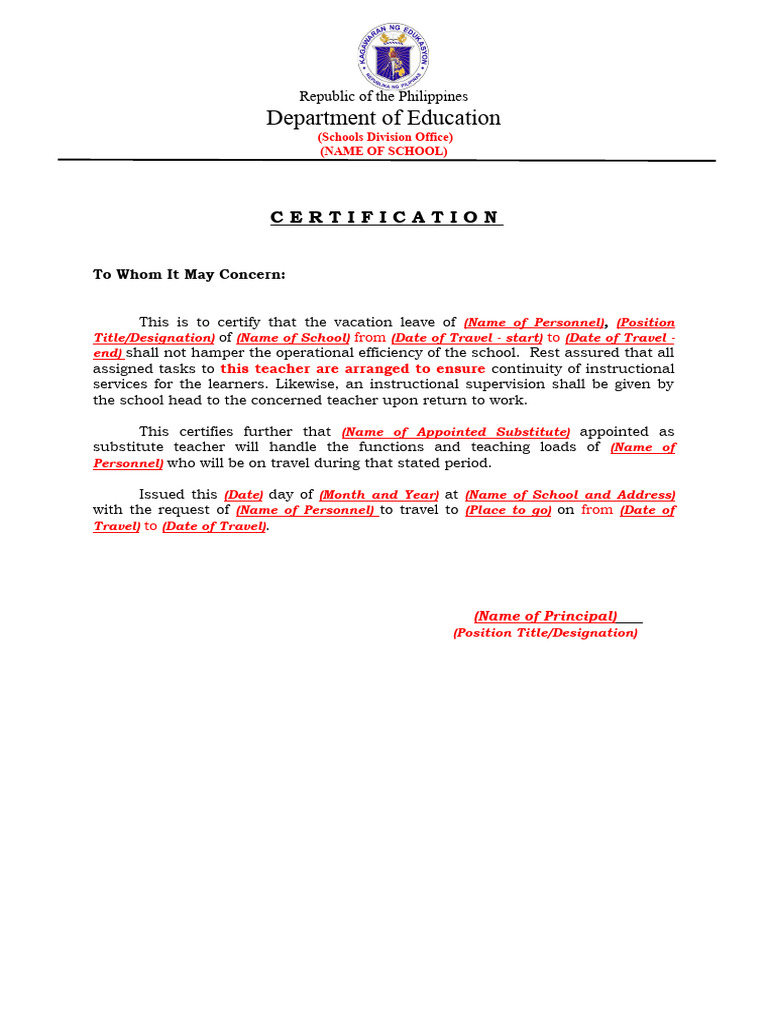 Certificate of Substitute For Travel Abroad | PDF