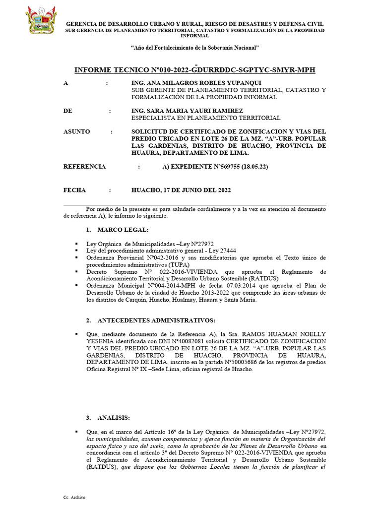 Informe Tecnico Nº010 2022 Gdurrddc Sgptyc Smyr Mph Certificado De
