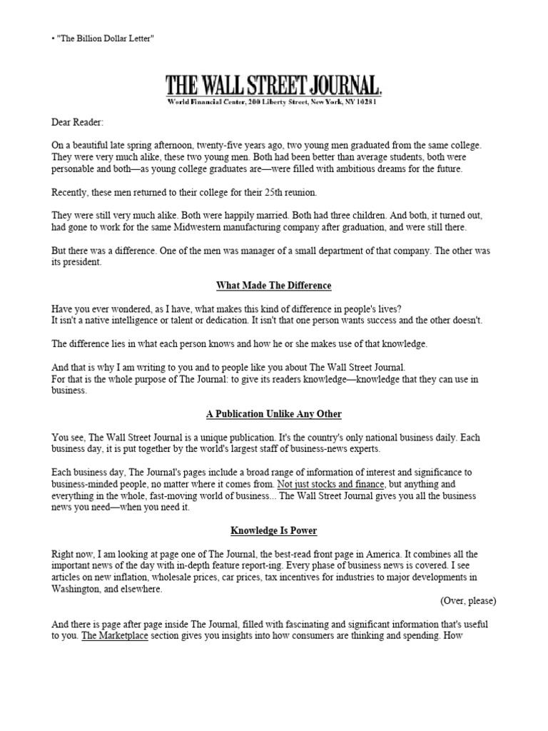 Salesletter - WSJ | Download Free PDF | News | The Wall Street Journal