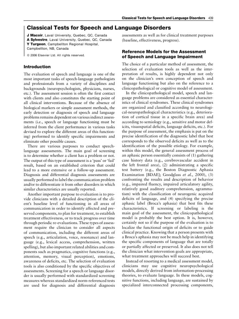 Classical Tests for Speech and Language Disorders | PDF | Aphasia ...