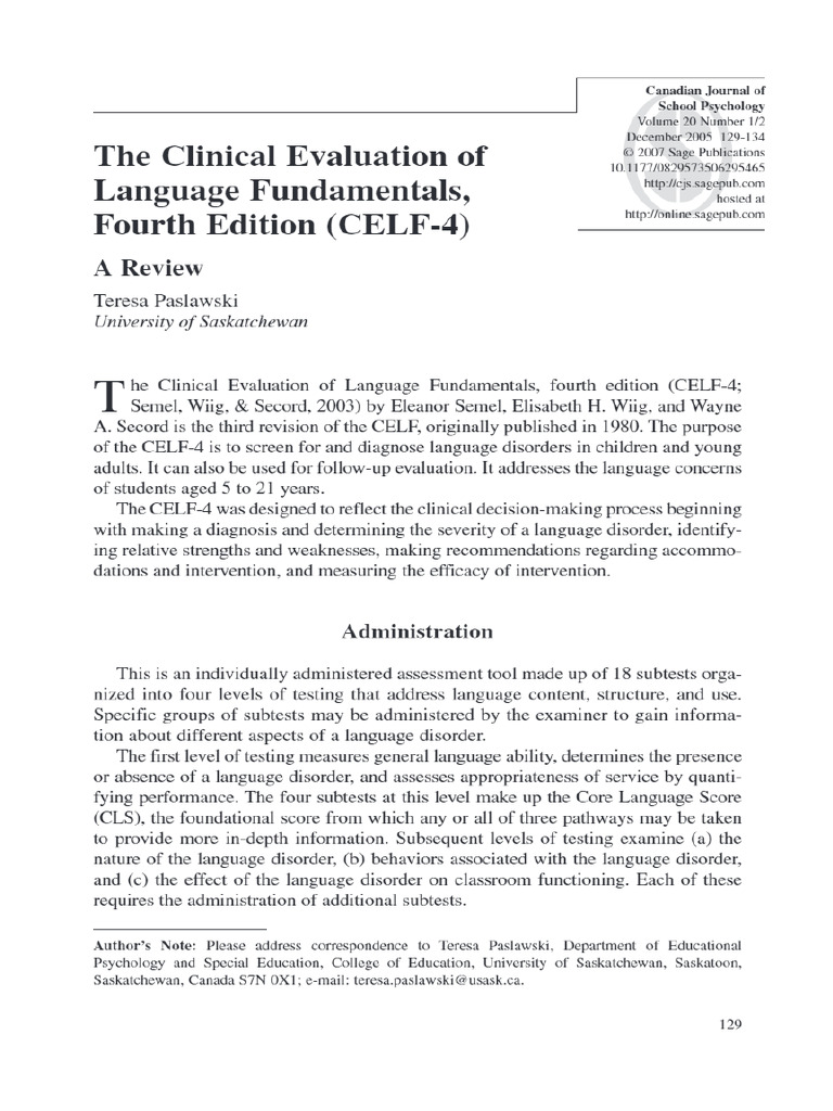The Clinical Evaluation of Language Fundamentals, Fourth Edition (CELF-4 - PDF | PDF