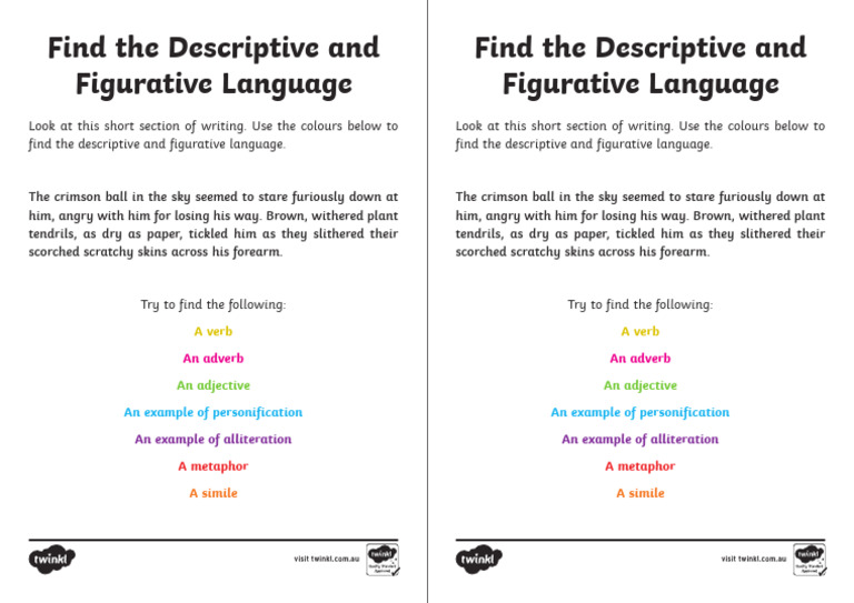 Descriptive and Figurative Language Sheet | PDF