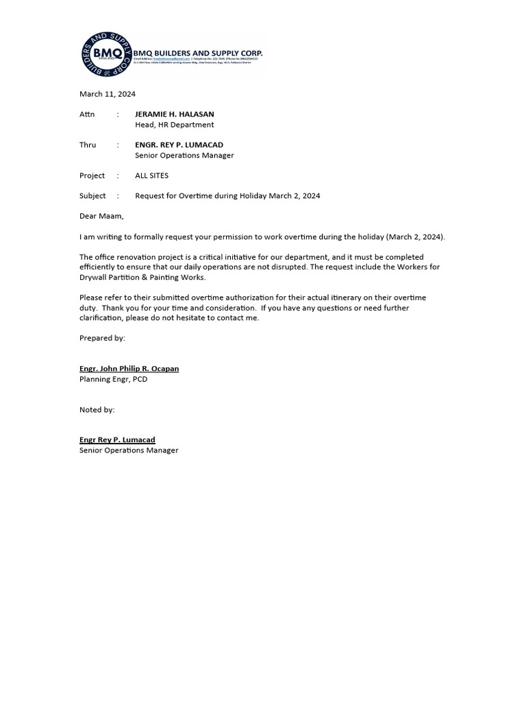 Overtime Request - Mar. 2, 2024 | PDF