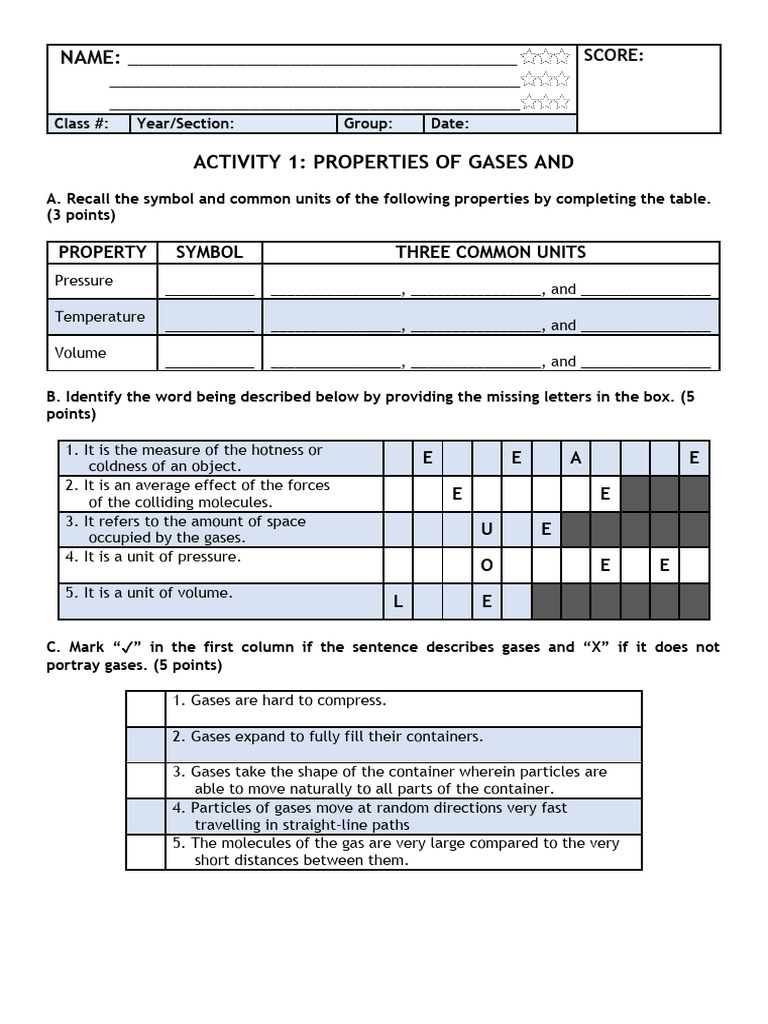 rinhs science 10 activity 1 properties of gas and kmt | PDF | Gases ...