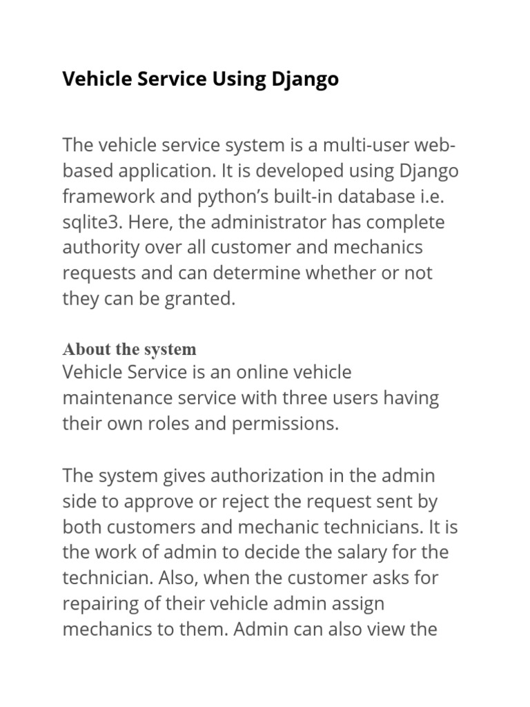 Vehicle Service Using Django Pdf 